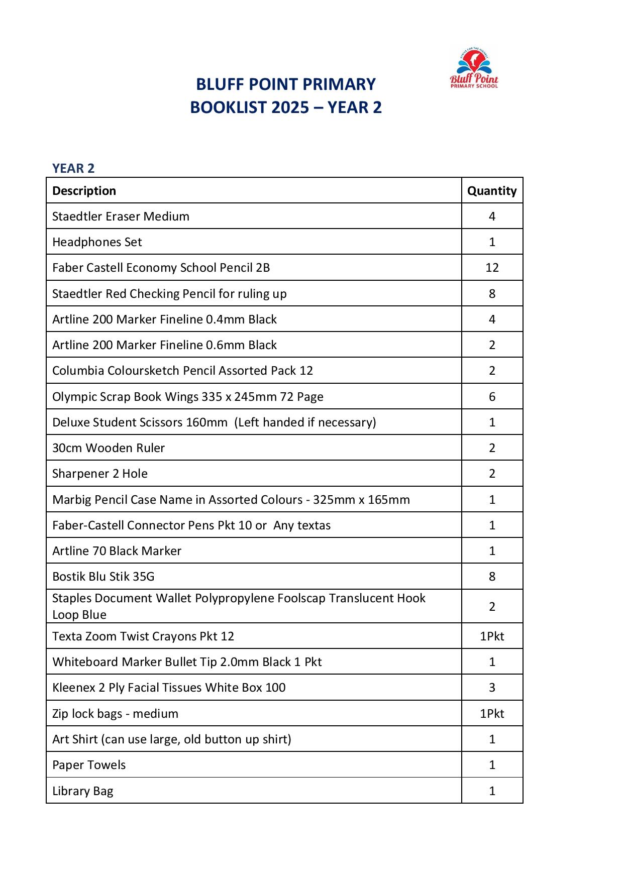 Booklists | Bluff Point Primary School